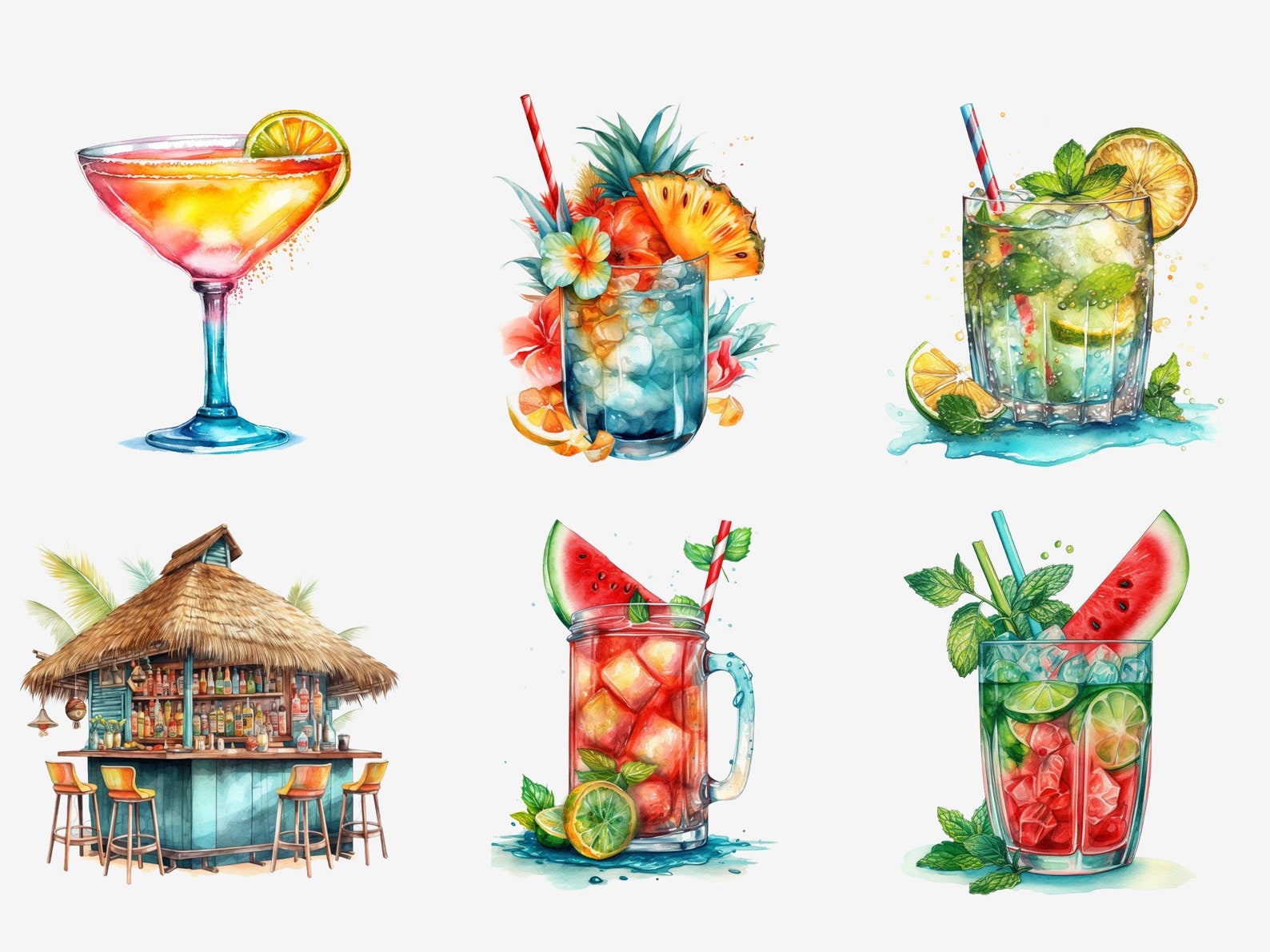 Tropical Drinks Watercolor Clipart Bundle Refreshing Summer - Etsy