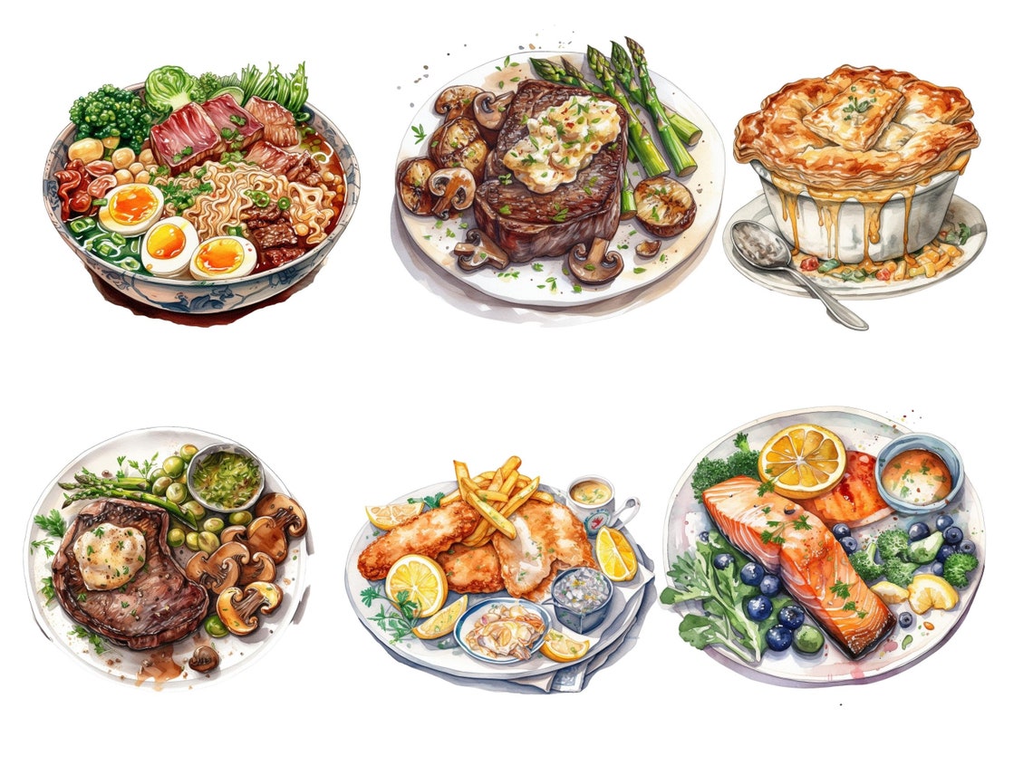Hearty Meal Watercolor Clipart Bundle Free Commercial Cuisine - Etsy