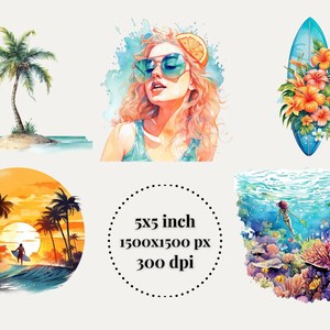 Beach Vacation Watercolor Clipart Bundle, Summer Scene Free Commercial ...