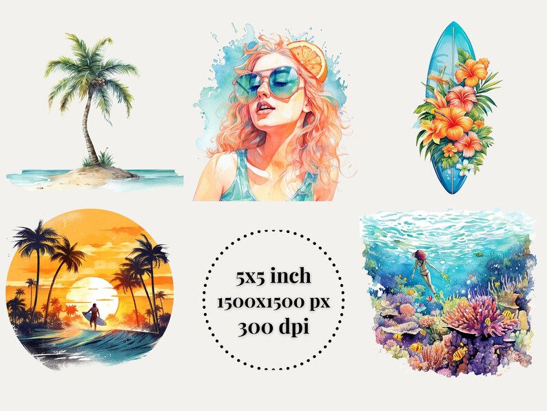 Beach Vacation Watercolor Clipart Bundle Summer Scene Free - Etsy