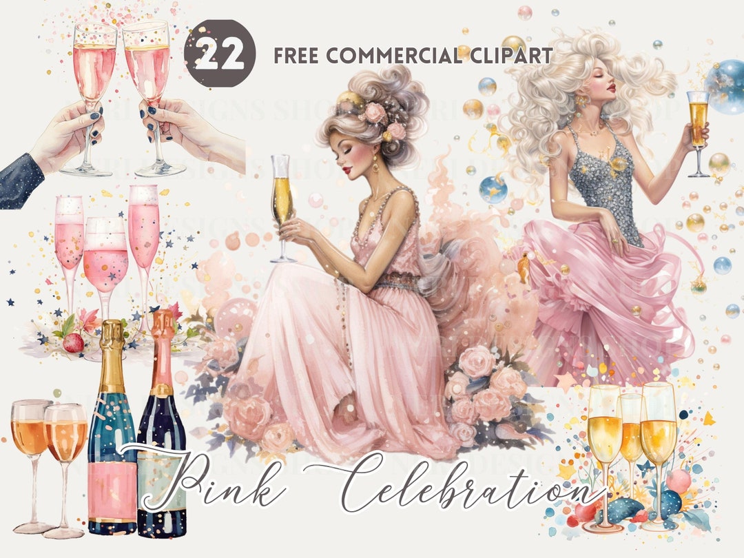 Pink Party Watercolor Clipart Bundle, Celebration Champagne Bottle ...