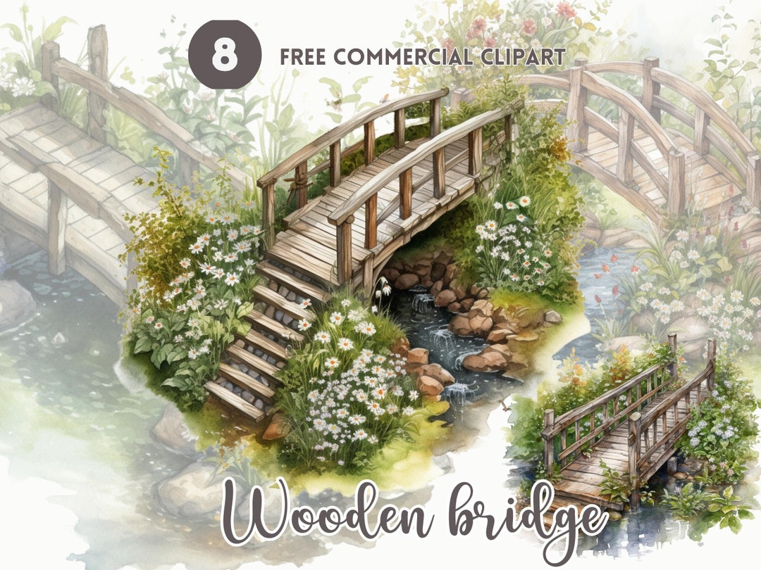 Wooden Bridge Watercolor Clipart Bundle Rustic Bridge Free Commercial ...