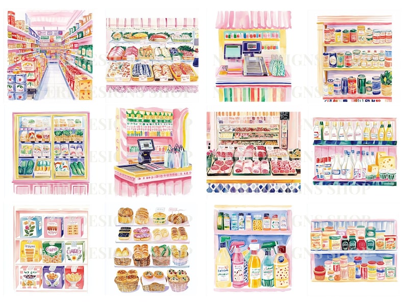 Supermarket Watercolor Clipart Set, Grocery Shelves & Shoppers Free ...