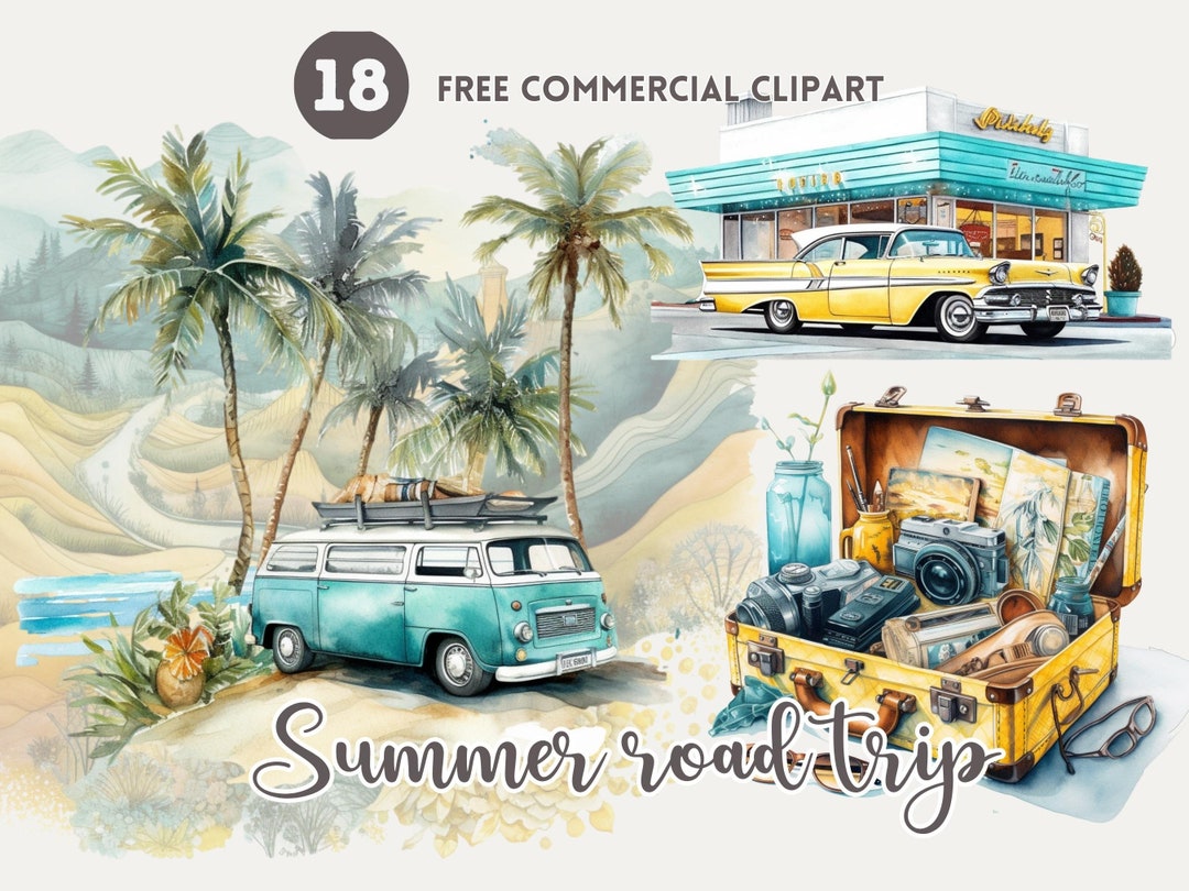 Summer Road Trip Watercolor Clipart Bundle Summer Travel Free ...