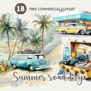 Summer Road Trip Watercolor Clipart Bundle Summer Travel Free ...