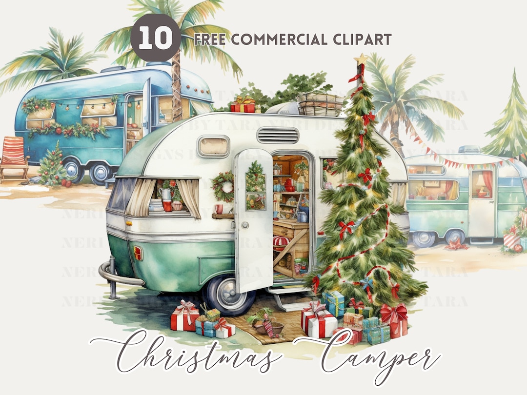 Christmas Camper Watercolor Clipart, Seaside Camper Free Commercial PNG ...