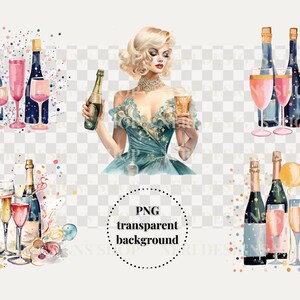 Pink Party Watercolor Clipart Bundle, Celebration Champagne Bottle ...