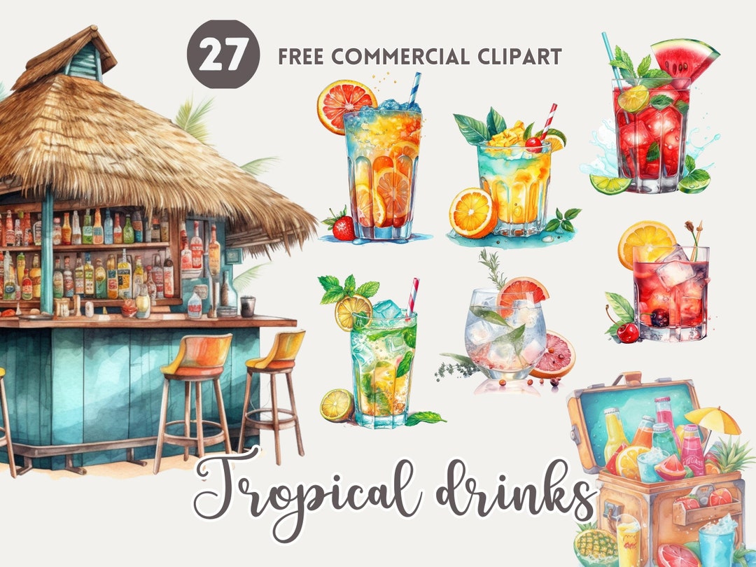 Tropical Drinks Watercolor Clipart Bundle, Refreshing Summer Drink Free ...