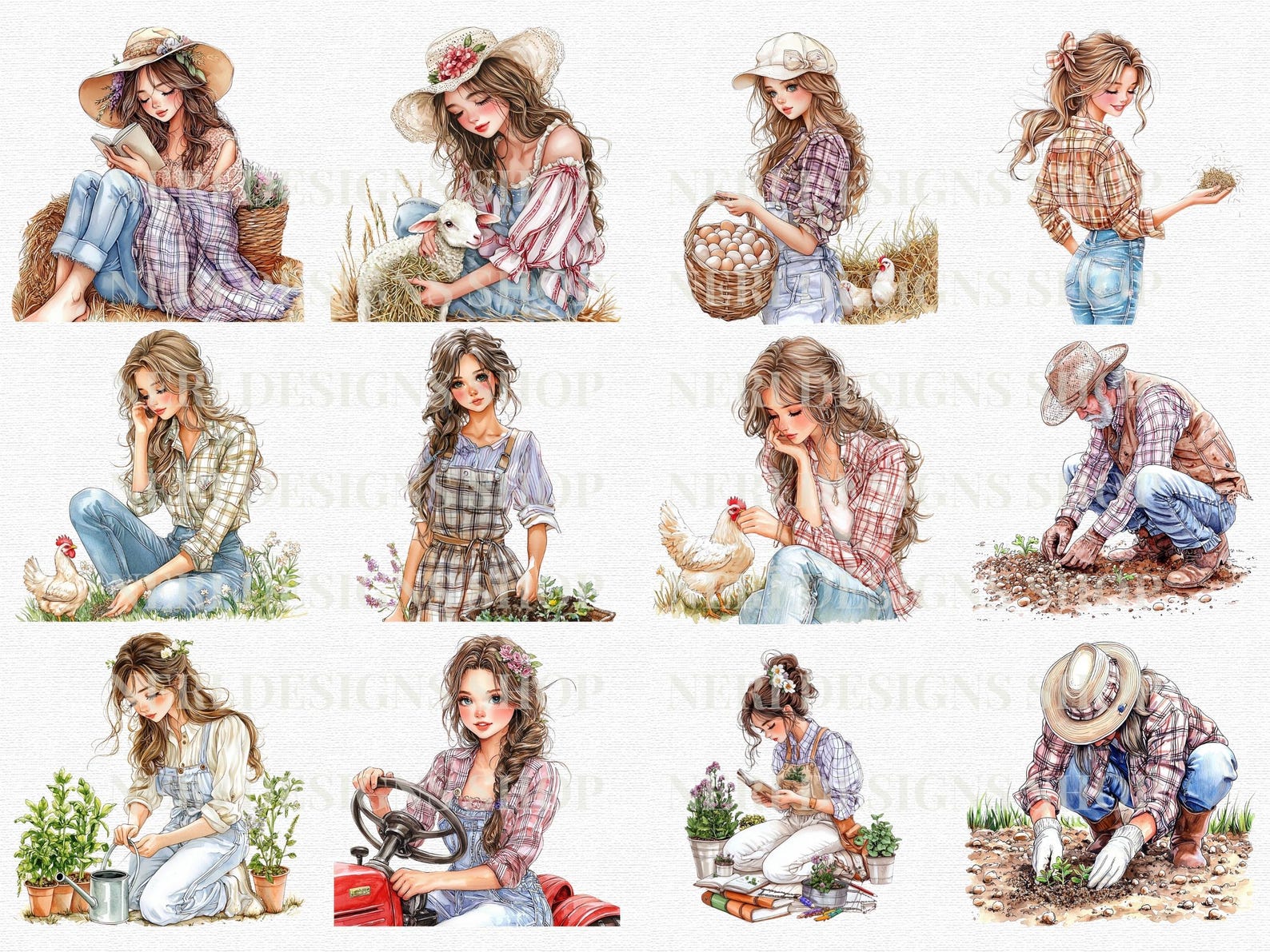Farm Girl and Animal Watercolor Clipart, Farmer, Country Farm House ...