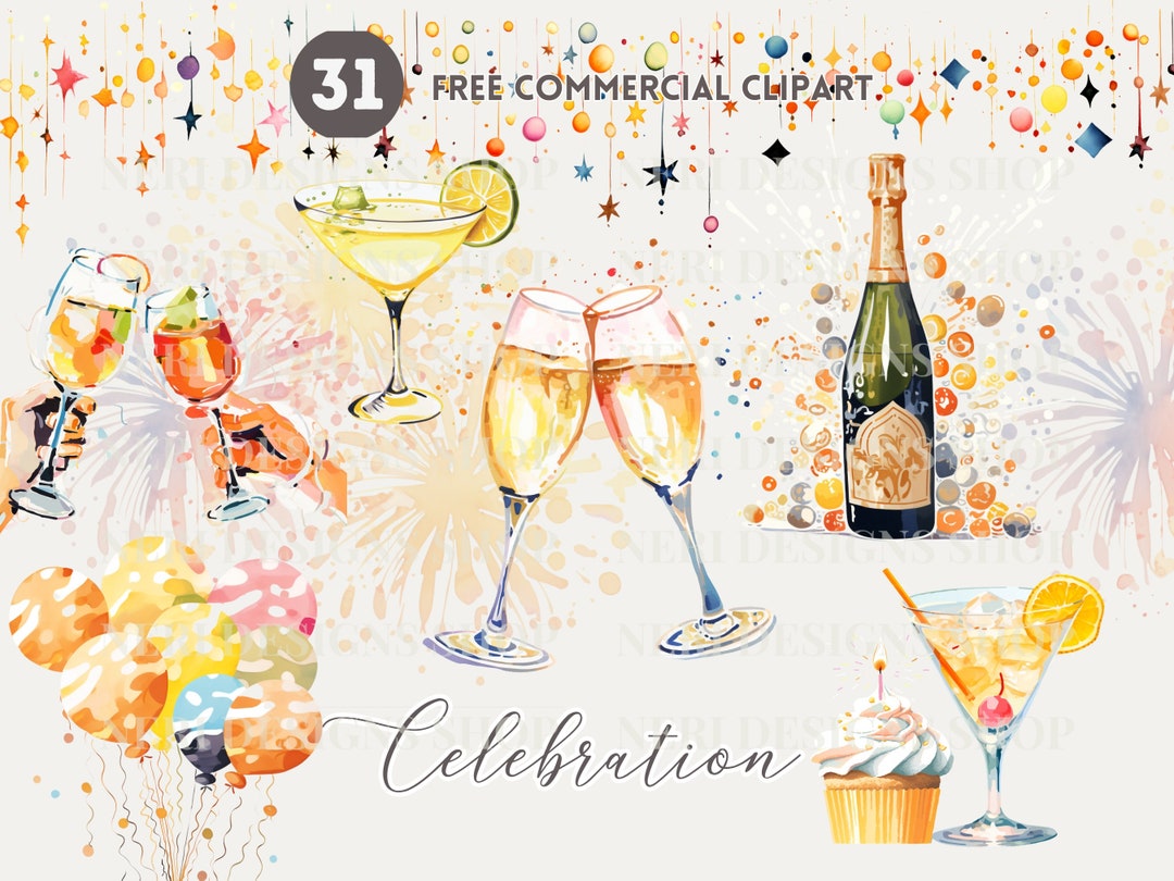 Celebration Watercolor Clipart Bundle, New Year Party Decor Free ...