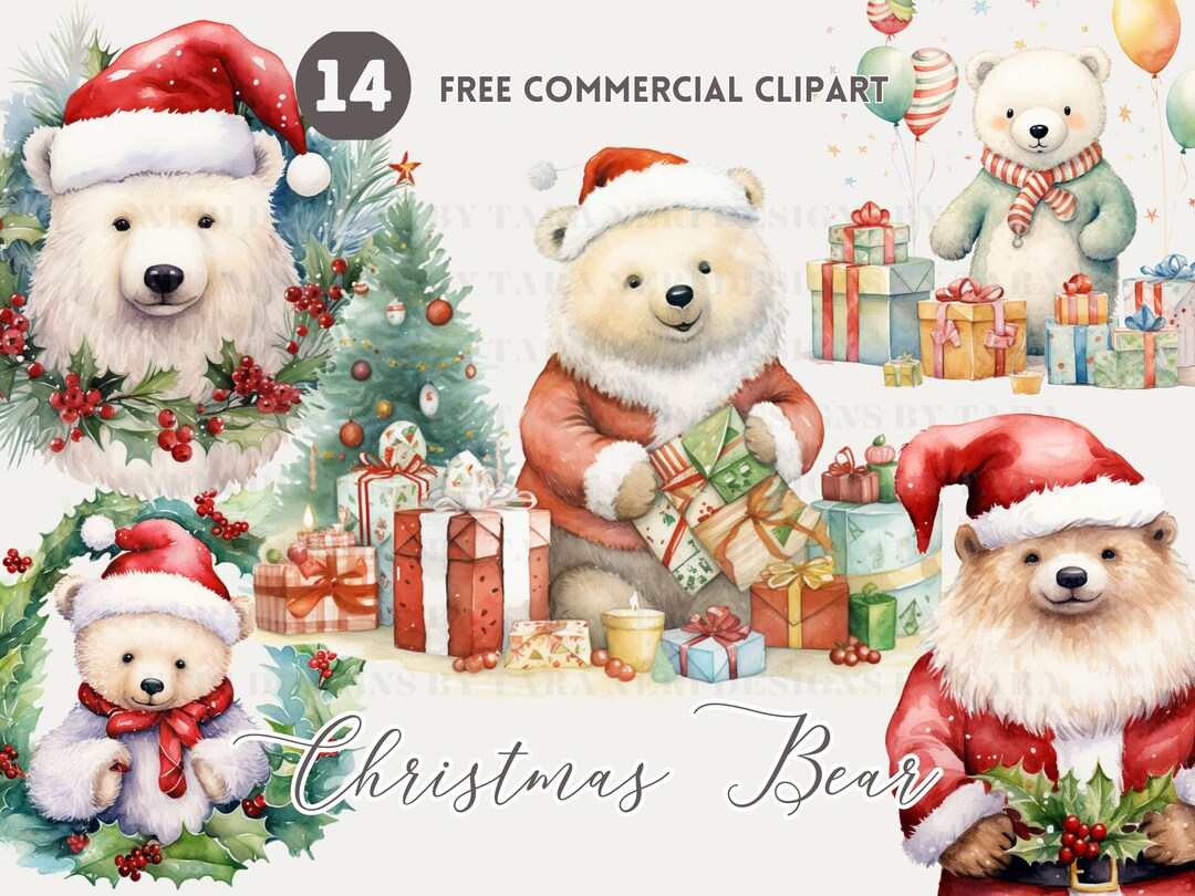 Christmas Bear Watercolor Clipart Bundle, Festive Bear Free Commercial ...