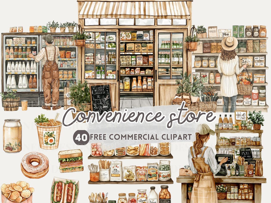 Convenience Store Watercolor Clipart, Quick Stop Shop Free Commercial ...