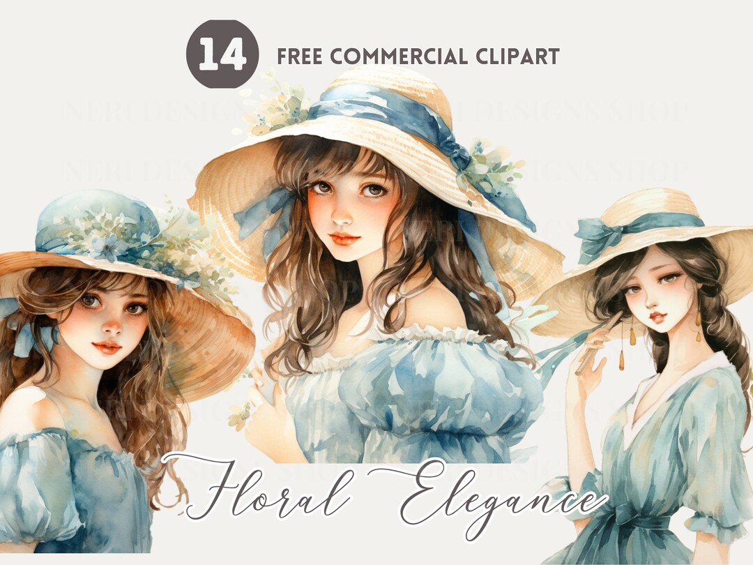 Vintage Cute Girl Watercolor Clipart Bundle, Hat Lady Free Commercial ...