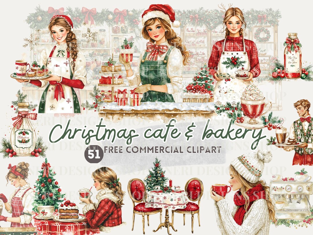 Christmas Coffee Shop and Bakery Watercolor Clipart, Festive Cafe Scene ...