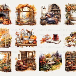 Cozy Fall Season Watercolor Clipart Bundle, Autumn Garden Bench, Food ...