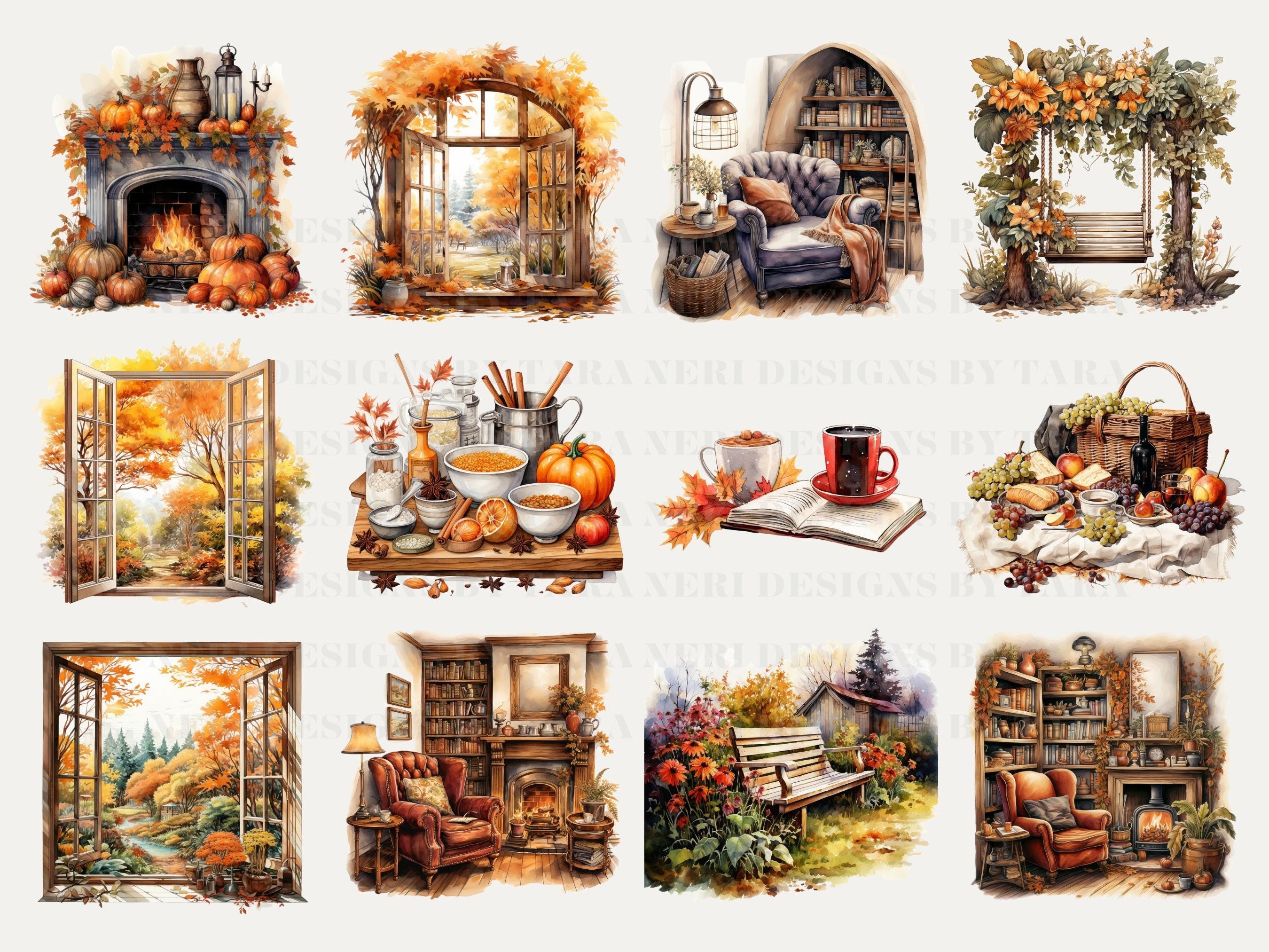 Cozy Fall Season Watercolor Clipart Bundle, Autumn Garden Bench, Food ...