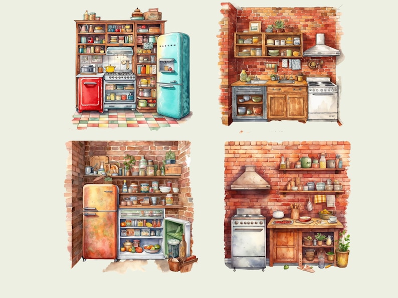 Retro Kitchen Watercolor Clipart Bundle Free Commercial Vintage Cooking ...