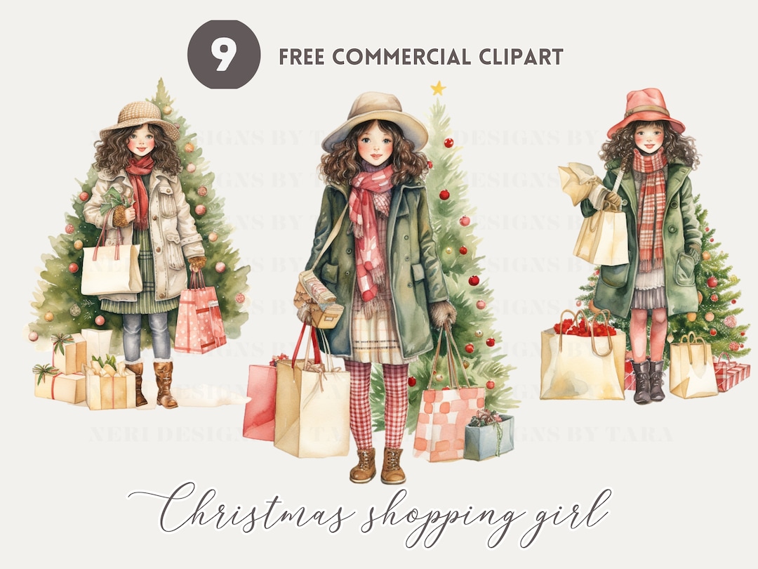 Christmas Girl Shopping Watercolor Clipart, Holiday Retail Shopper Free ...