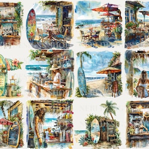 Beach Cafe and Bar Watercolor Clipart Bundle Seaview Coffee Shop Free ...