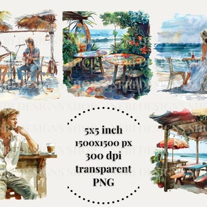 Beach Cafe and Bar Watercolor Clipart Bundle Seaview Coffee Shop Free ...