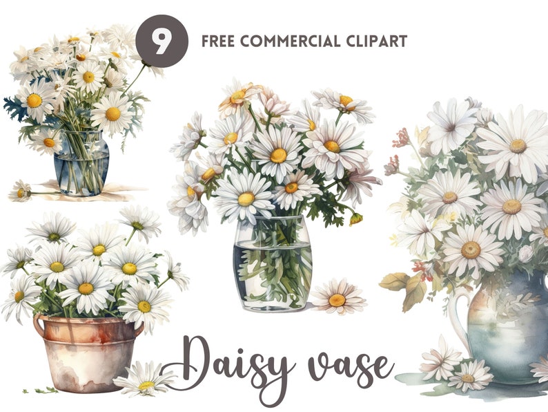 Vase of Daisy Watercolor Clipart Bundle Floral Free Commercial - Etsy