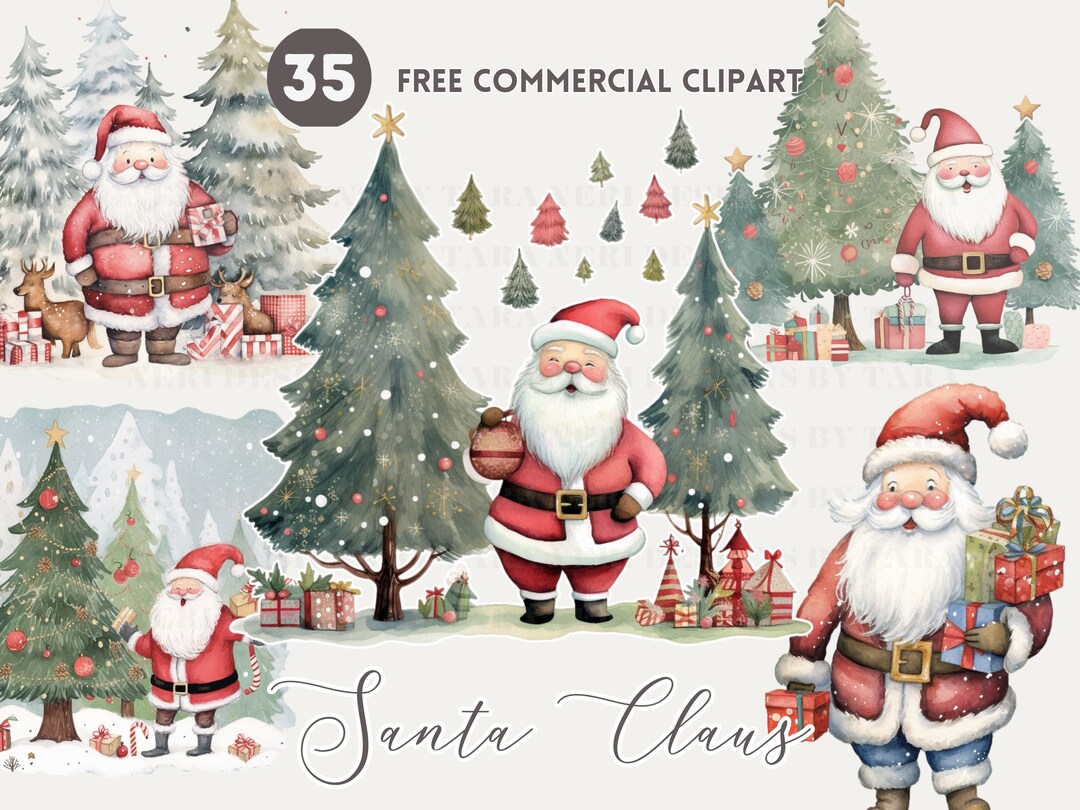 Cute Santa Claus Watercolor Clipart Bundle, Christmas Tree, Free ...