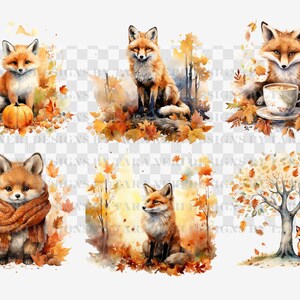 Autumn Fox Watercolor Clipart Bundle, Fox in Fall Scene Free Commercial ...