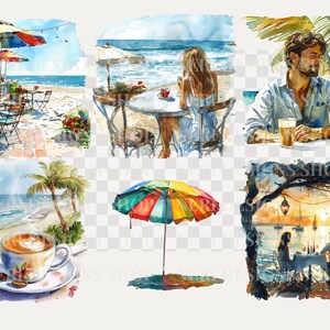 Beach Cafe and Bar Watercolor Clipart Bundle Seaview Coffee Shop Free ...