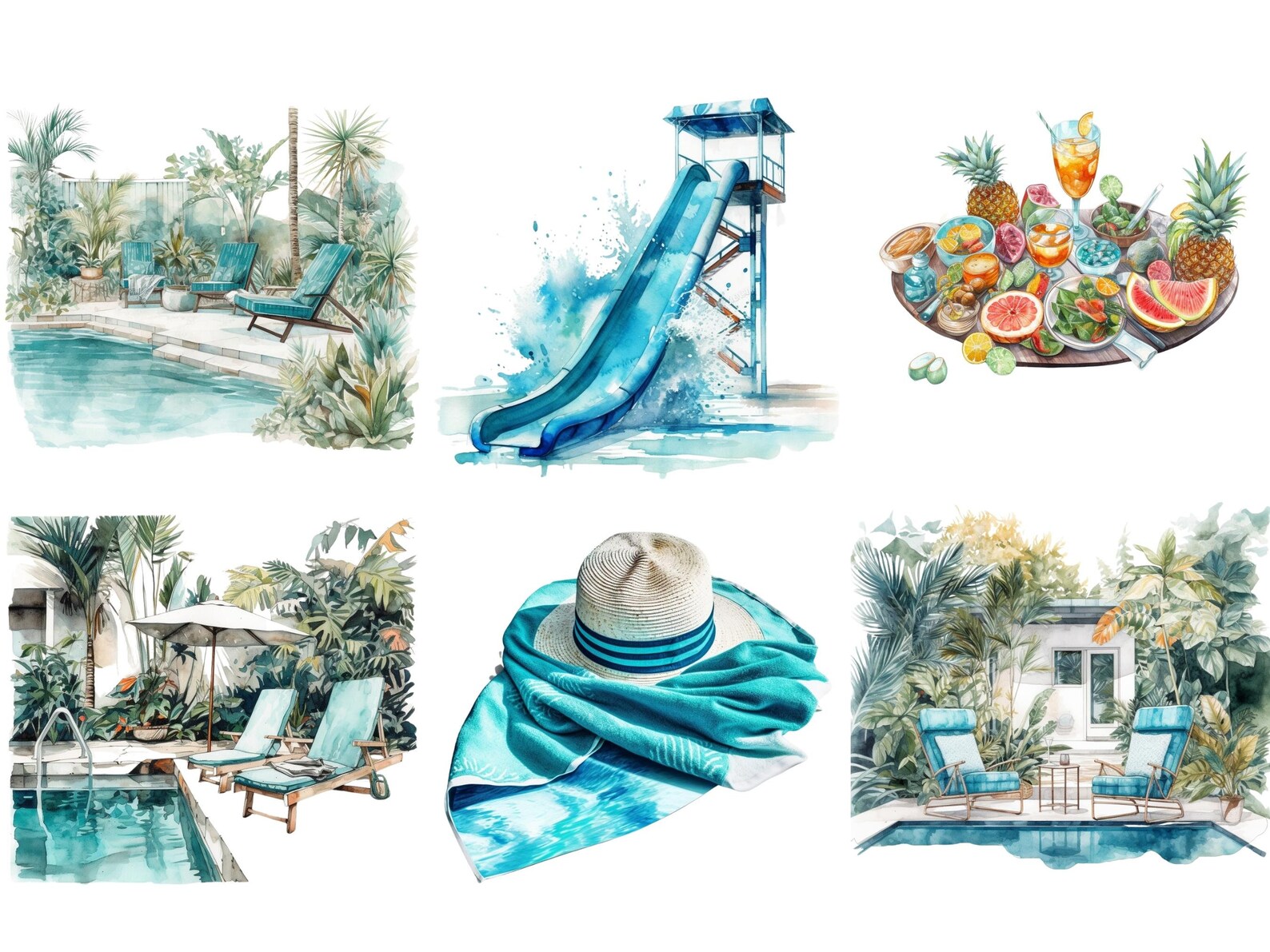 Summer Pool Watercolor Clipart Bundle Summer Relaxation Free Commercial ...