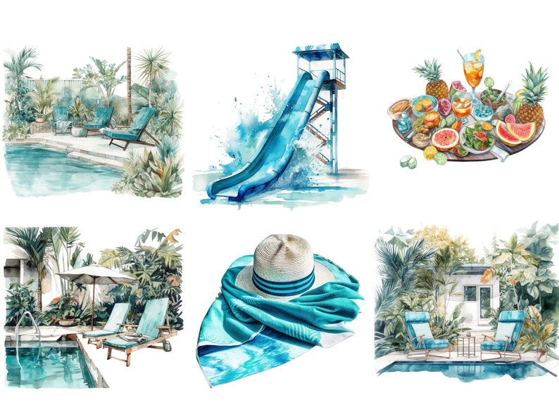 Summer Pool Watercolor Clipart Bundle Summer Relaxation Free - Etsy