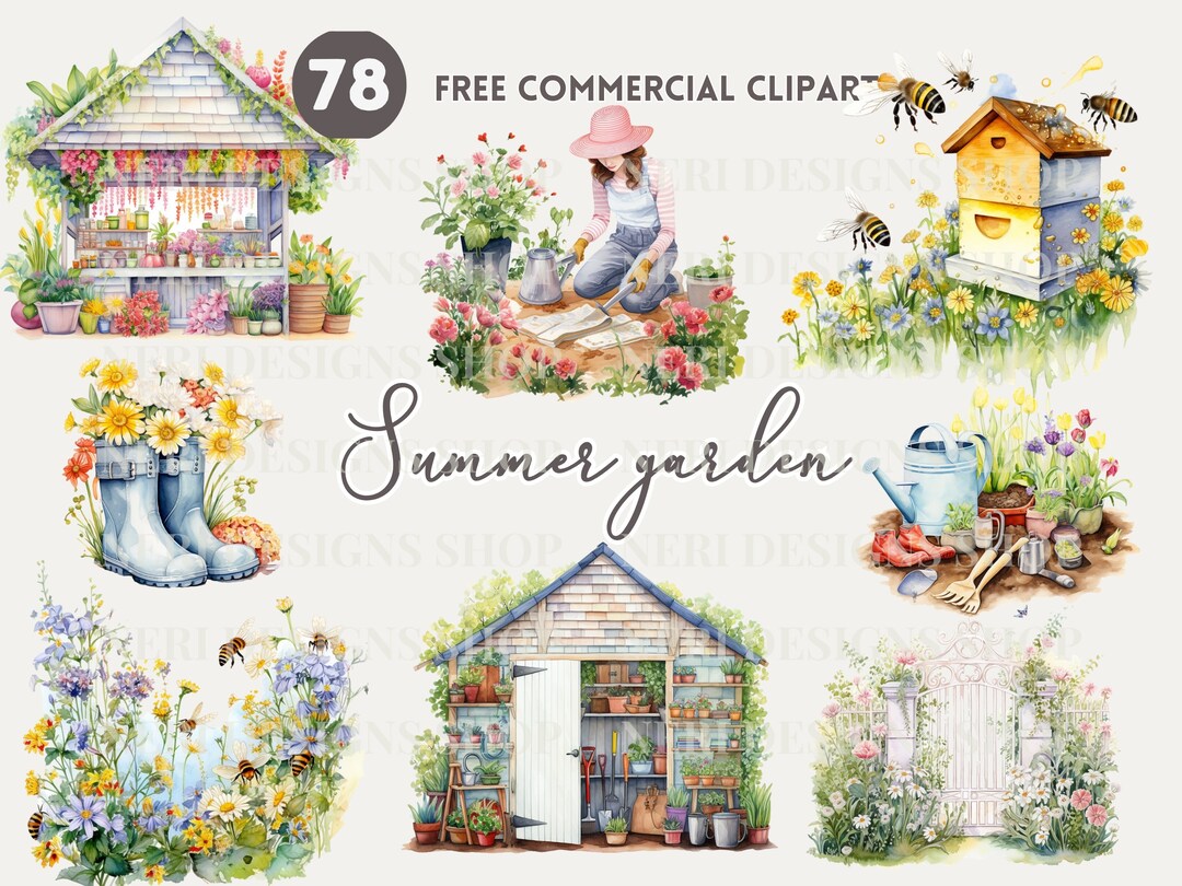 Summer Garden Watercolor Clipart, Cottagecore Free Commercial Use PNG ...