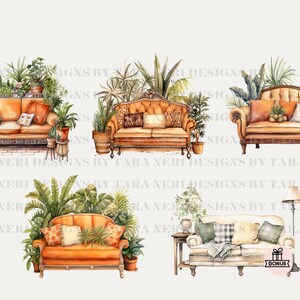 Boho Sofa and Plant Watercolor Clipart Bundle, Botanical Couch Free ...