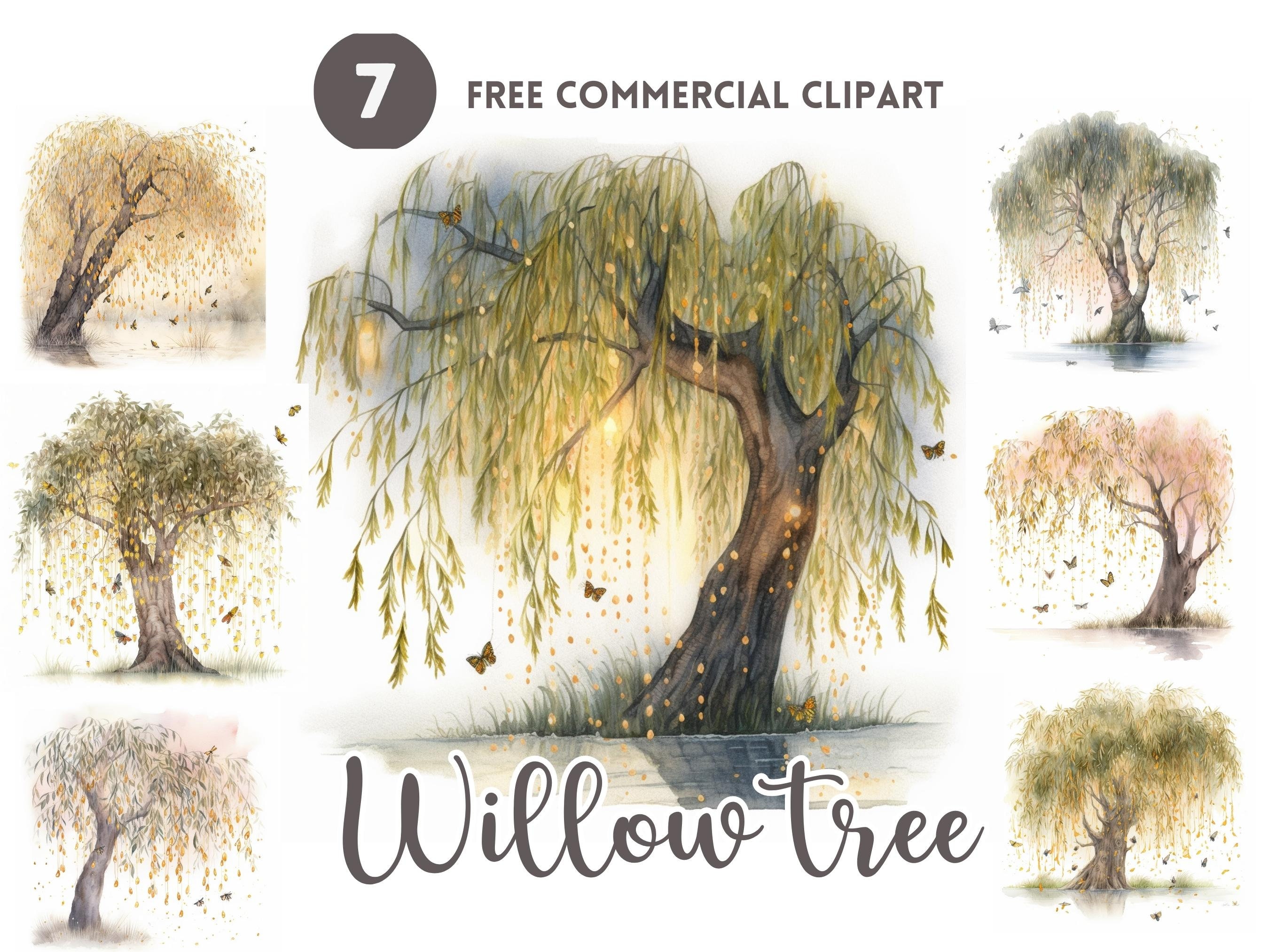 Glowing Willow Tree Watercolor Clipart Bundle Free Commercial Radiant ...
