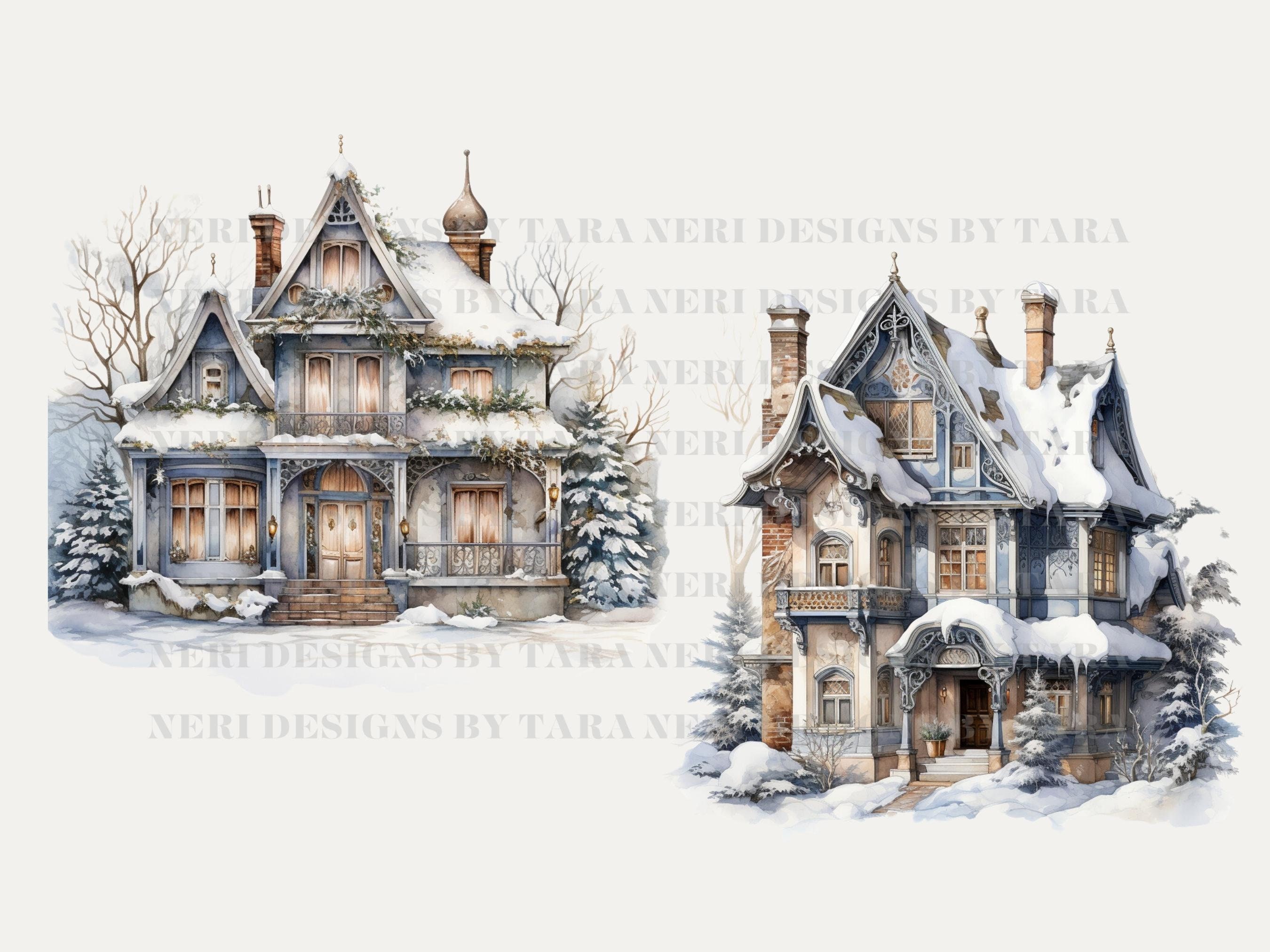 Winter House Watercolor Clipart Bundle, Christmas Mansion Free ...