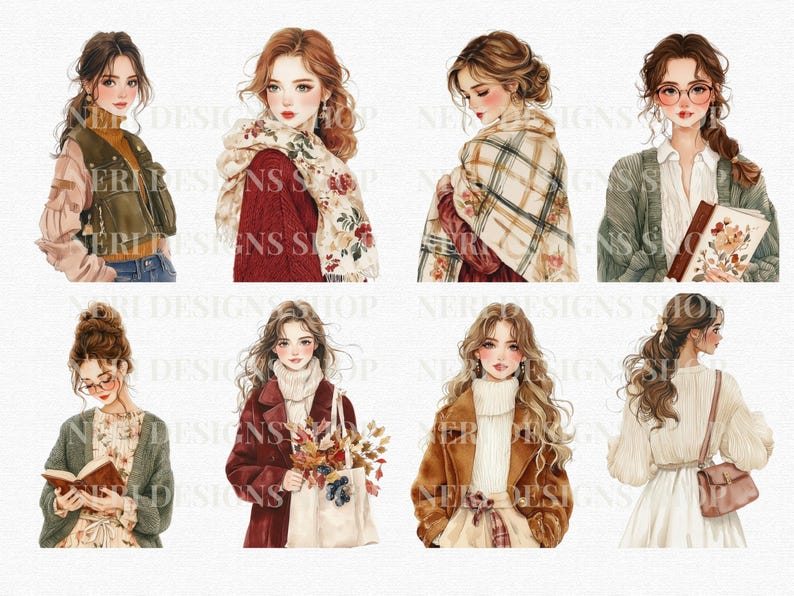 Cozy Planner Girl Watercolor Clipart, Fall Fashion Girl Free Commercial ...