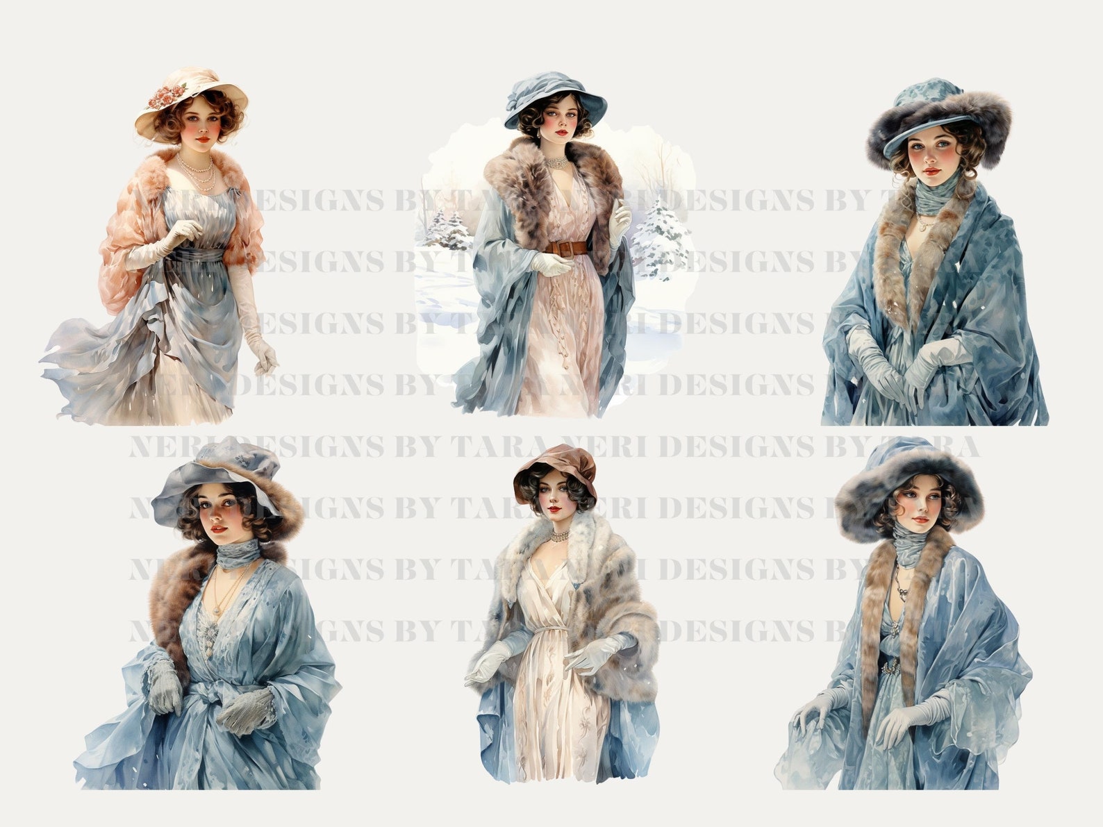 Vintage Winter Lady Watercolor Clipart Bundle, Victorian Woman in Snow ...