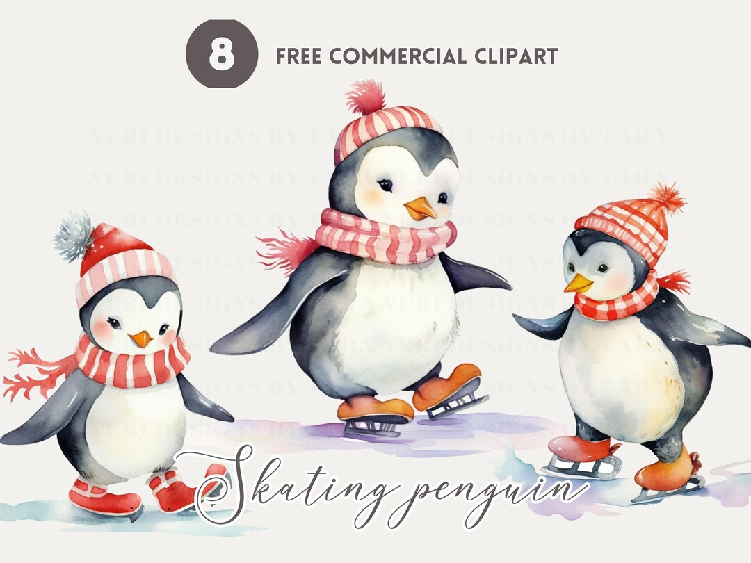 Cute Penguin Skating Watercolor Clipart Bundle, Playful Winter Animal ...