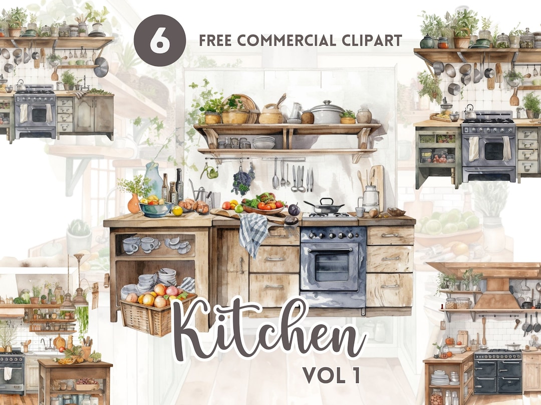 Cozy Kitchen Watercolor Clipart Bundle Free Commercial Watercolor ...