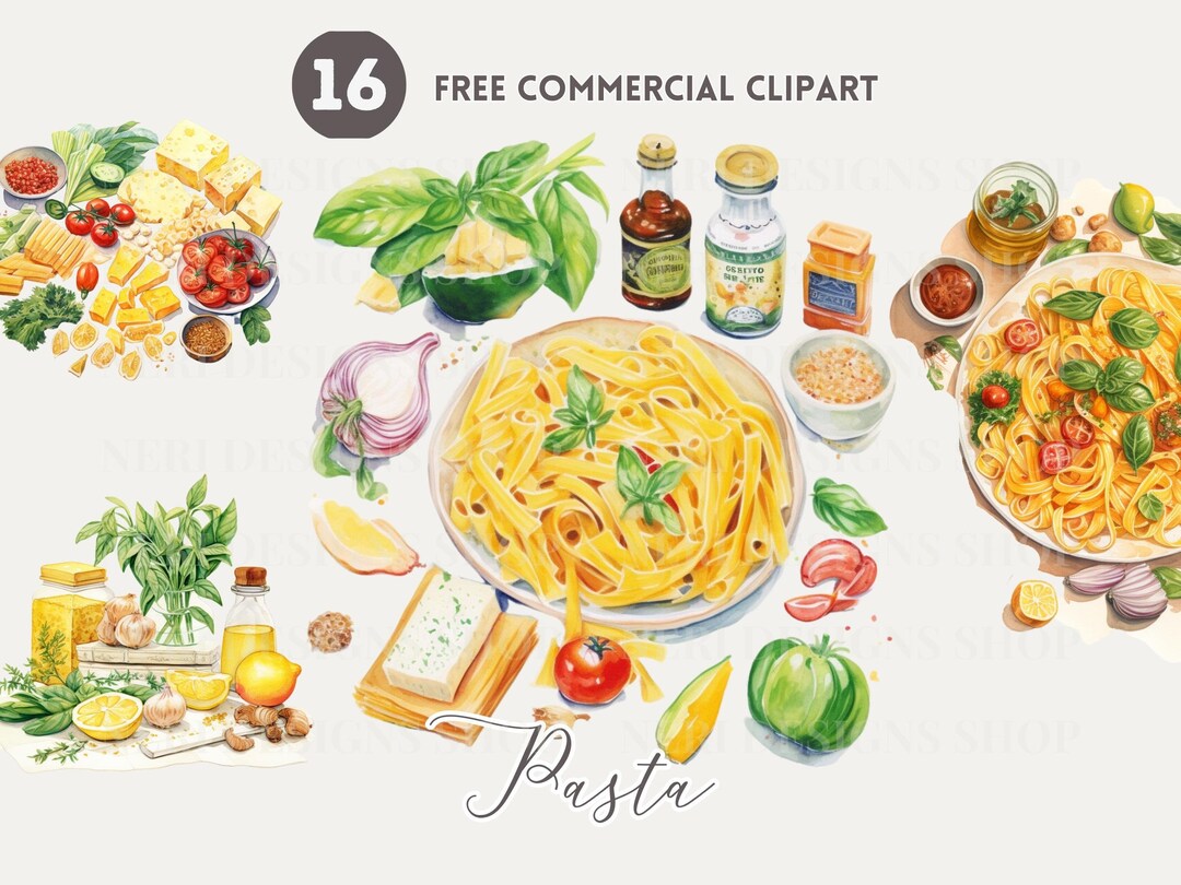 Pasta Watercolor Clipart Bundle, Free Commercial Italian Cuisine PNG ...