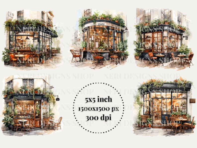 Cafe Shop Watercolor Clipart Bundle, Modern Street Cafe Free Commercial ...