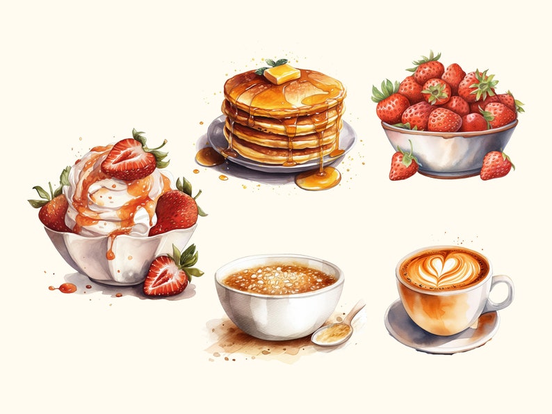 Breakfast Food Watercolor Clipart Bundle Free Commercial - Etsy