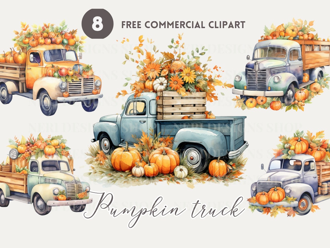 Pumpkin Truck Watercolor Clipart Bundle, Harvest Truck Free Commercial ...