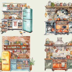Retro Kitchen Watercolor Clipart Bundle Free Commercial Vintage Cooking ...