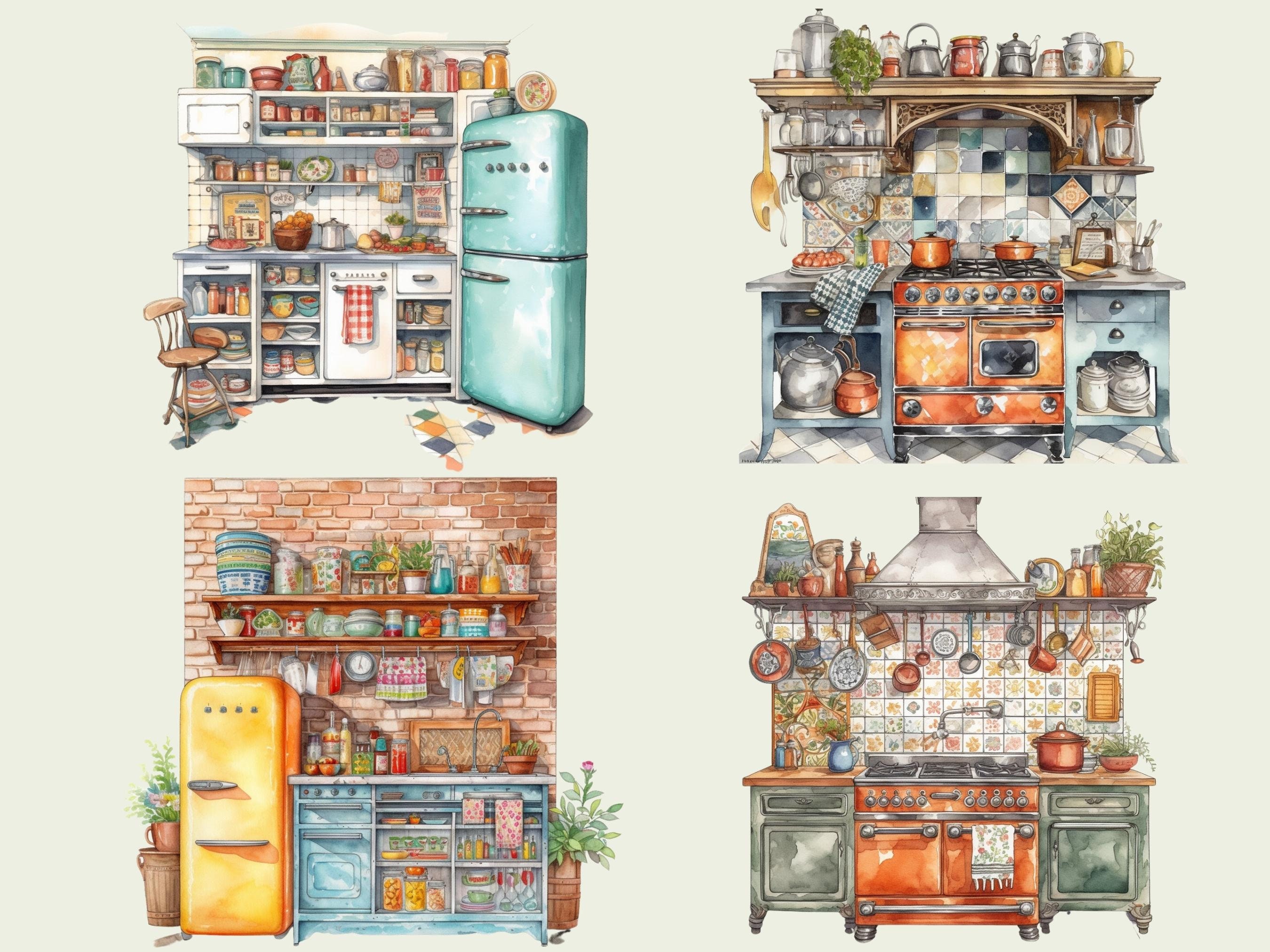 Retro Kitchen Watercolor Clipart Bundle Free Commercial - Etsy