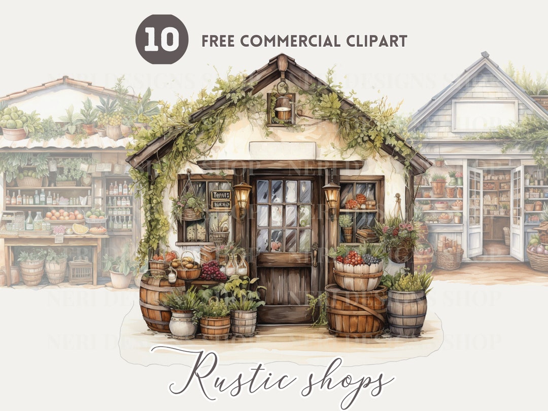 Rustic Storefront Watercolor Clipart Bundle, Countryside Store Facade ...
