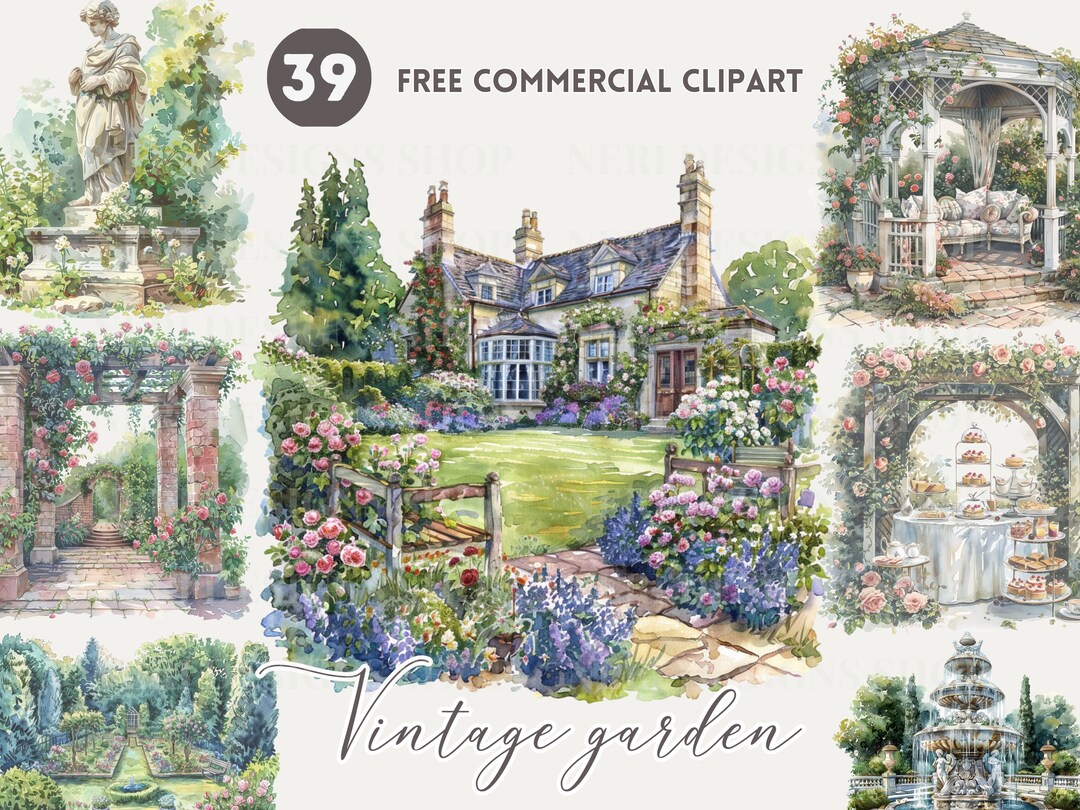 Vintage Garden Watercolor Clipart Bundle Garden Oasis Free Commercial ...