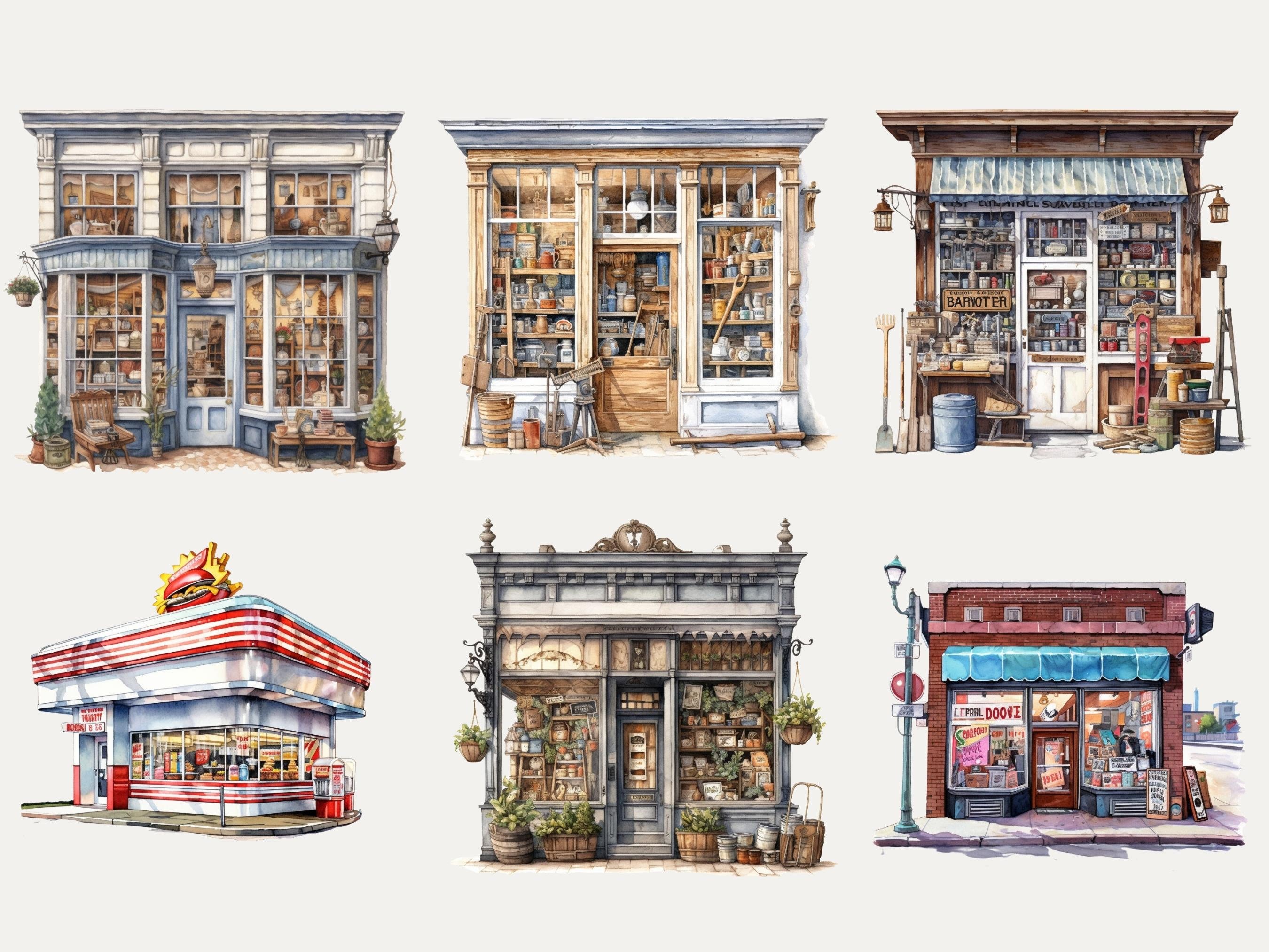 Retro Storefront Watercolor Clipart Bundle Street Shop Store - Etsy