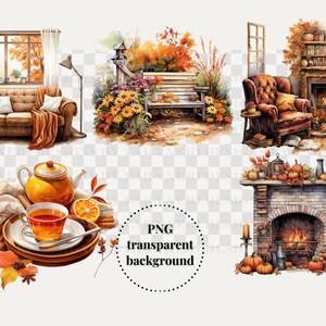 Cozy Fall Season Watercolor Clipart Bundle, Autumn Garden Bench, Food ...