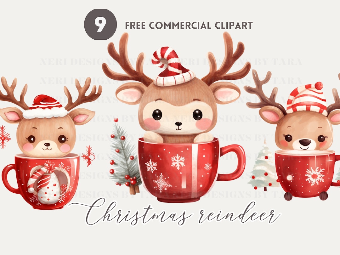 Christmas Reindeer Watercolor Clipart Bundle, Cute Deer in Mug Free ...