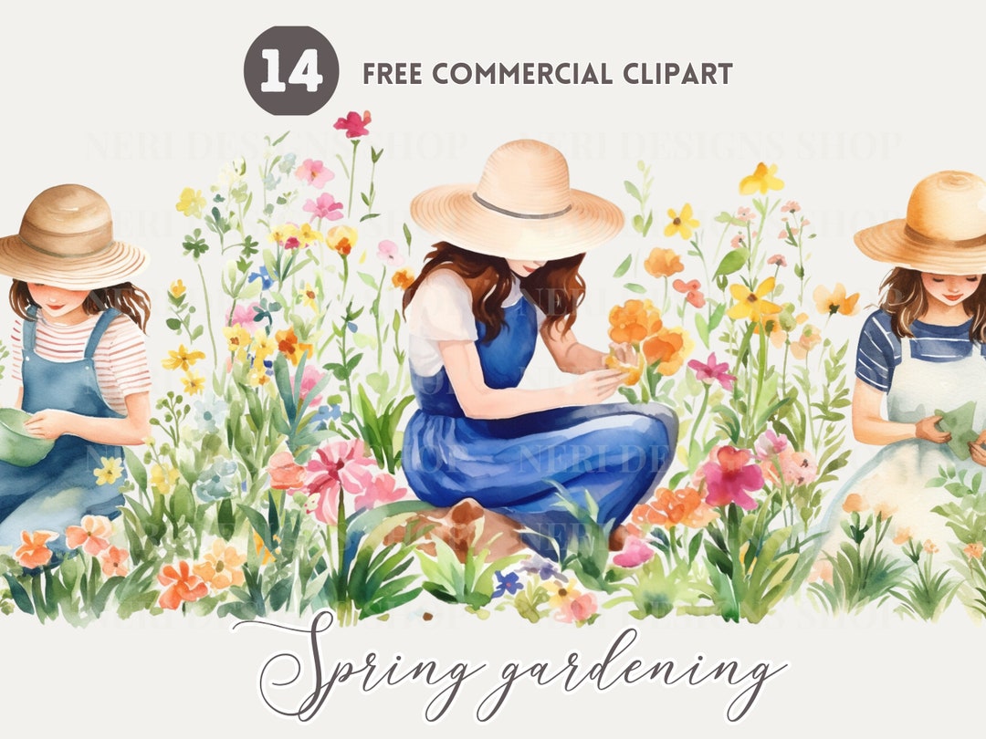Girl in Flower Garden Watercolor Clipart Bundle, Spring Gardening PNG ...